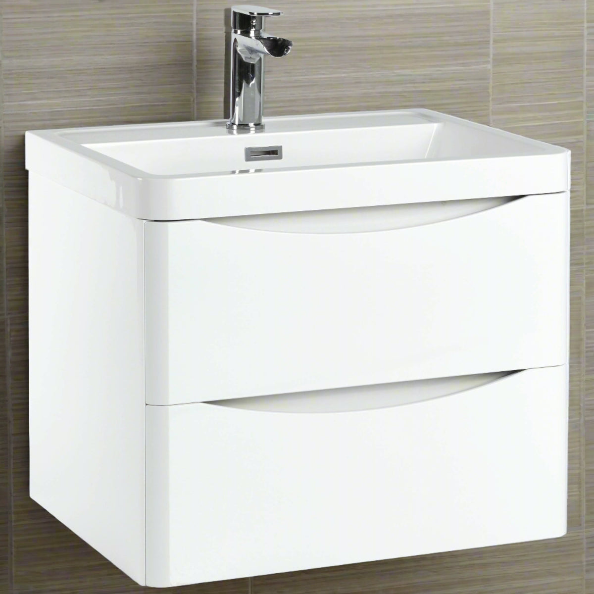 Bello 600mm Wall Hung Bathroom Vanity & Basin. 2 Drawer - White Gloss ...